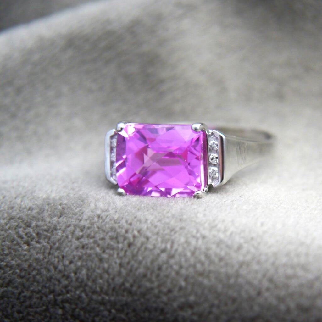 10k White Gold Natural Checkerboard Cut Pink Topaz and Diamond Ring ...