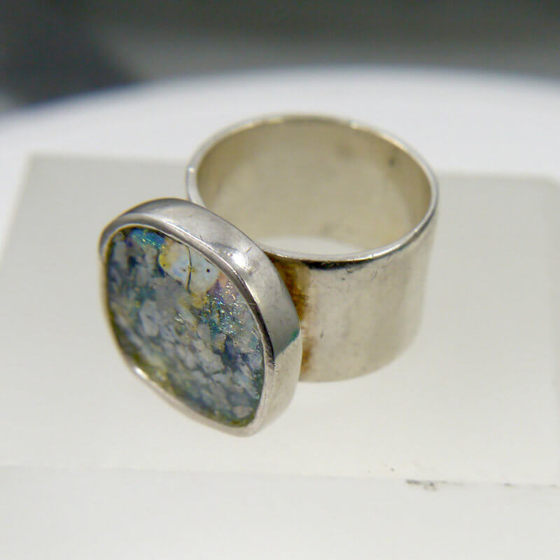 Square Cushion Cut Roman Glass Stone Wide Band Ring in Sterling Silver ...